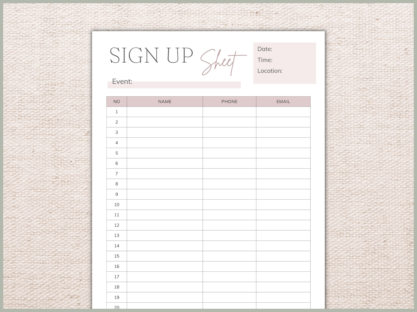 Editable Sign up Sheet Template | Printable Sign up Form | Contact ...