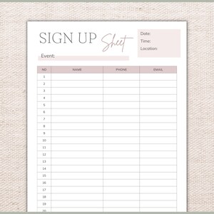 Editable Sign up Sheet Template | Printable Sign up Form | Contact ...