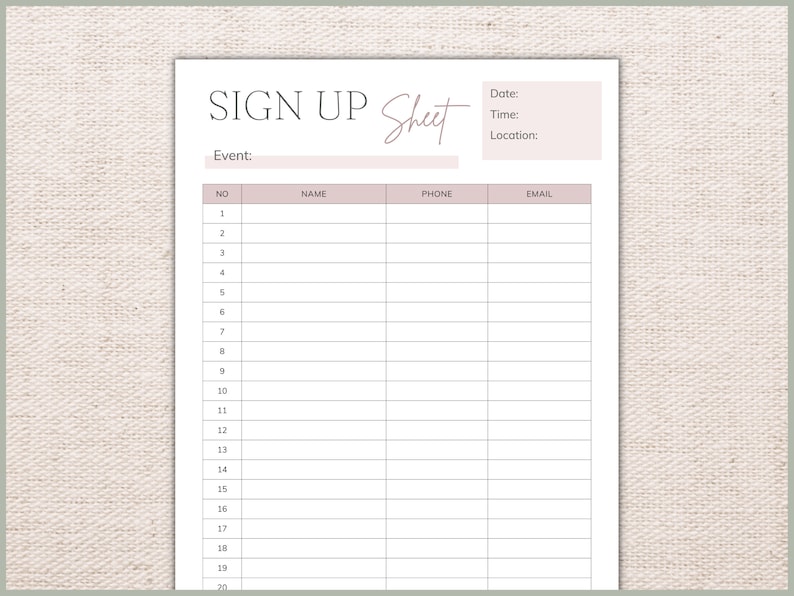Editable Sign up Sheet Template | Printable Sign up Form | Contact ...