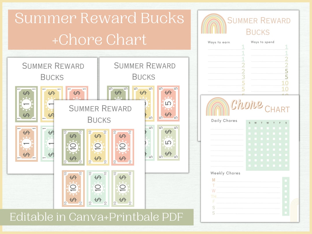 Summer Reward Bucks and Editable Chore Chart for Kids | Kids Summer ...