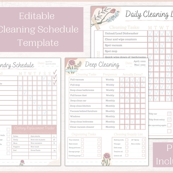 Editable Cleaning Schedule Opening and Closing Household Cleaning ...