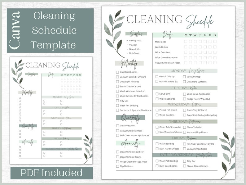 Printable Cleaning Schedule Editable Cleaning Schedule Template Green ...