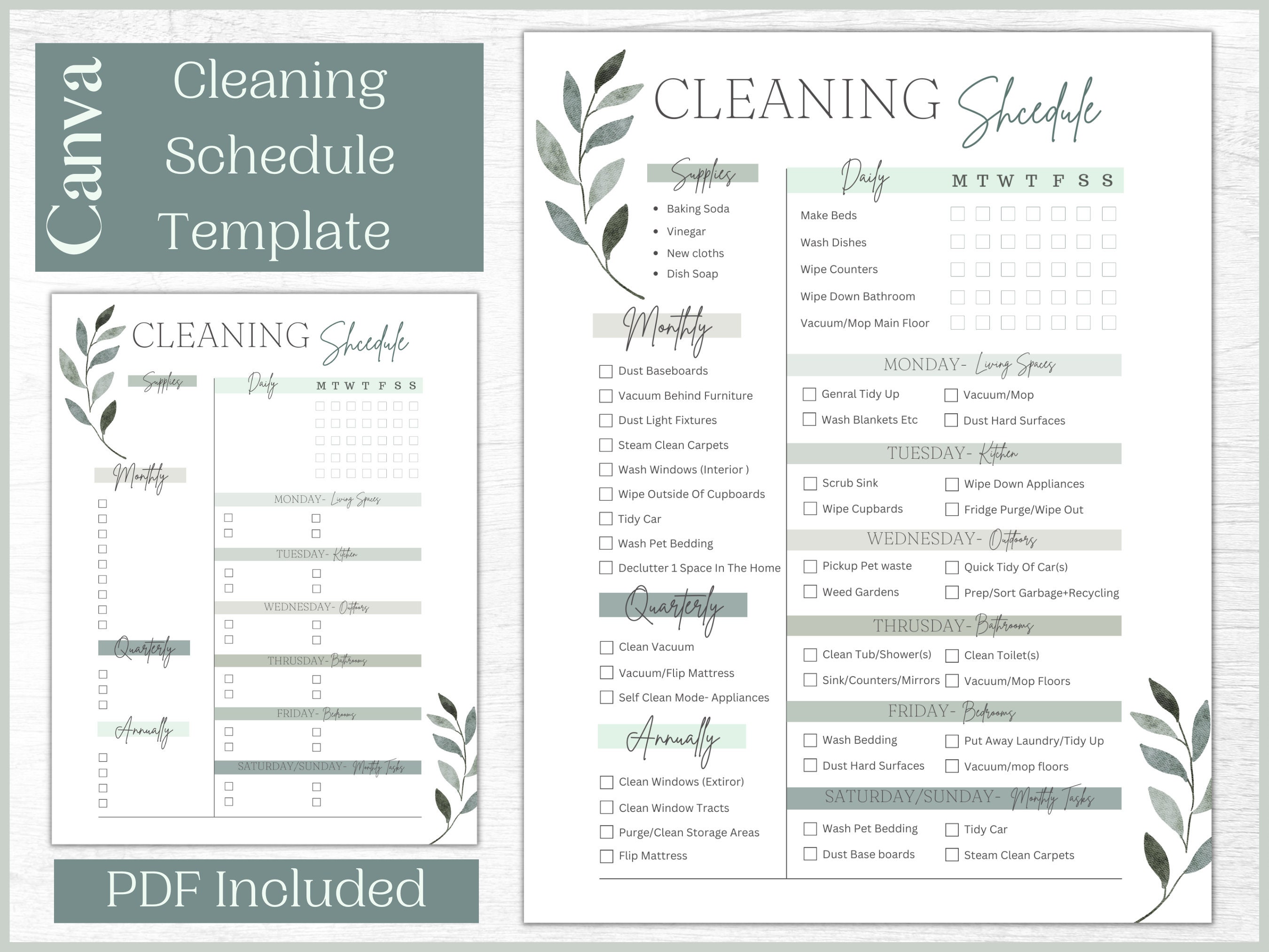 Printable Cleaning Schedule Editable Cleaning Schedule Template Green ...