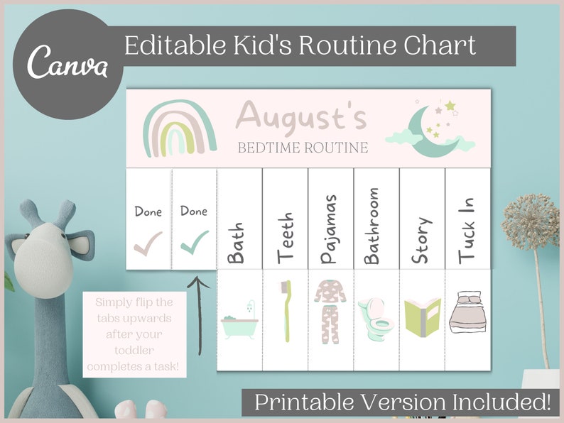Editable Toddler Bedtime Routine Chart Printable Chore Chart for Kids ...