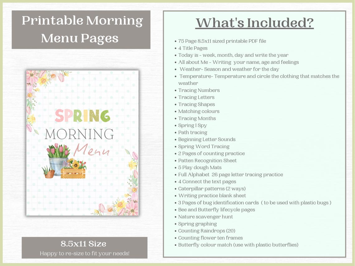 Homeschool Preschool Spring Morning Menu Printable | Morning Menu Pages ...