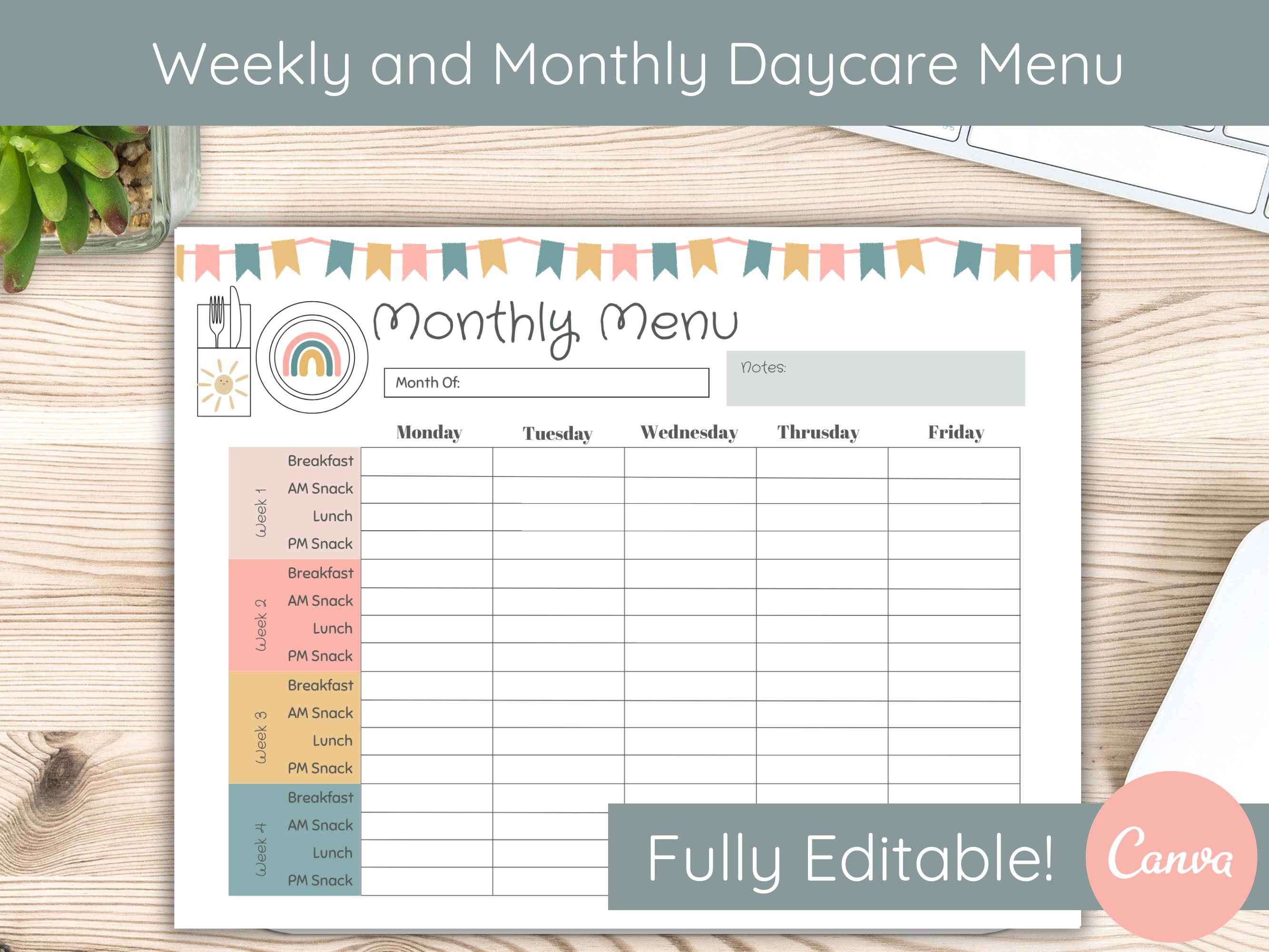 Editable Monthly and Weekly Daycare Menu Template | Childcare Menu ...
