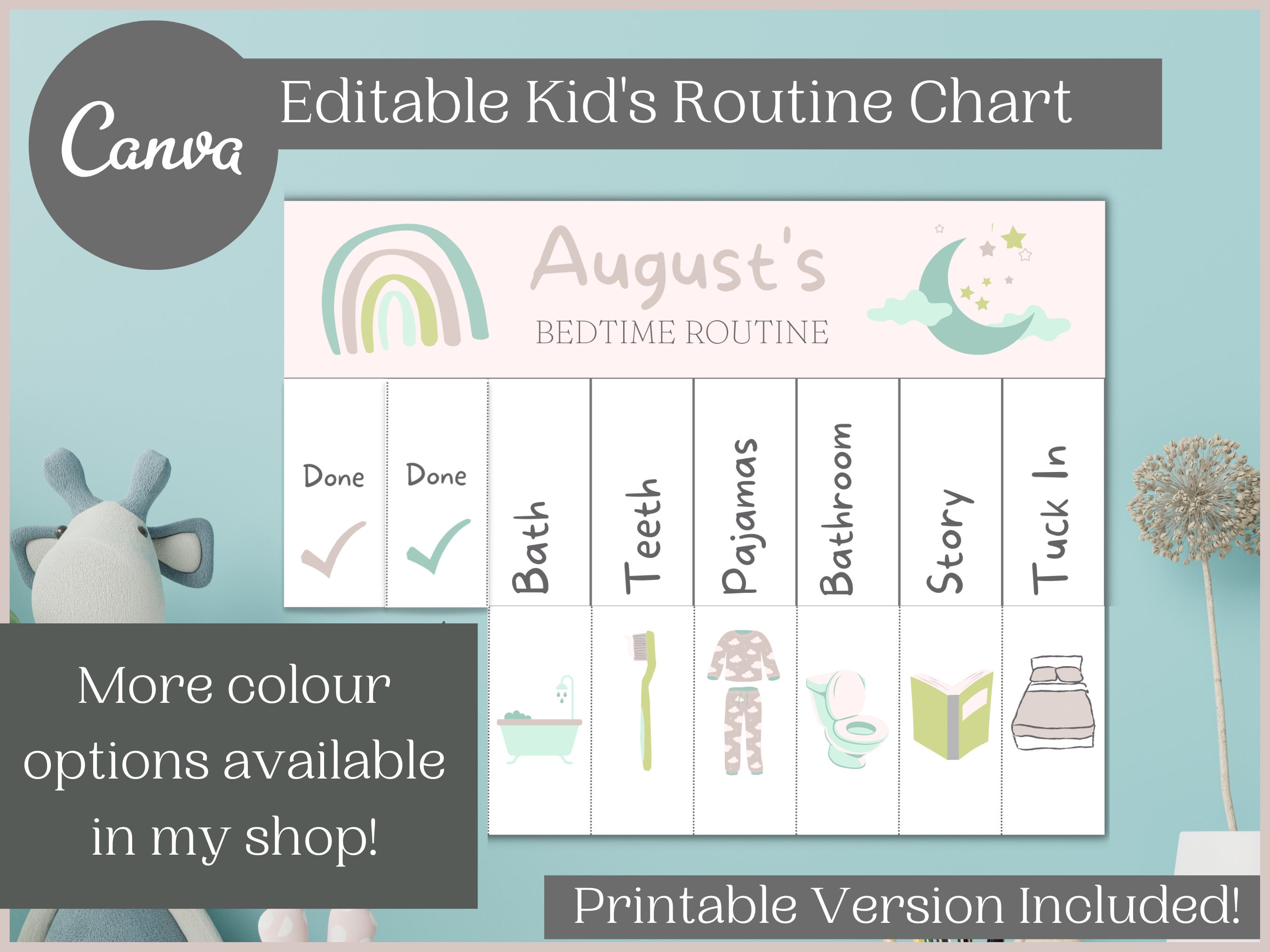Editable Toddler Bedtime Routine Chart | Printable Chore Chart for Kids ...