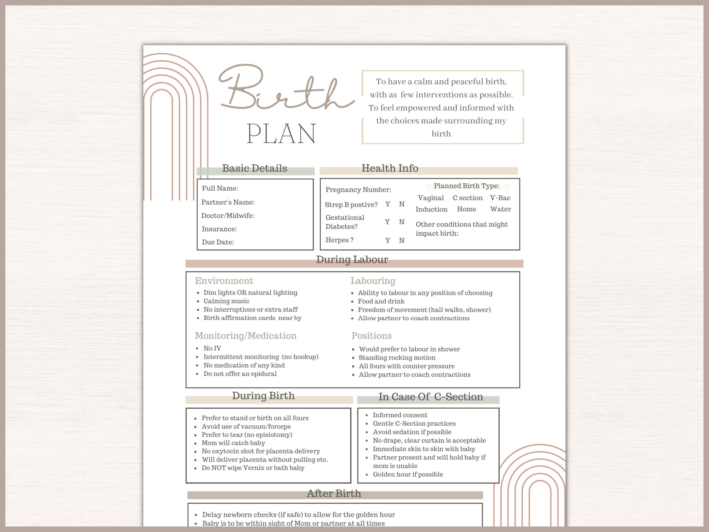 Editable Birth Plan Template | Printable Birthing Plan | Labour and ...
