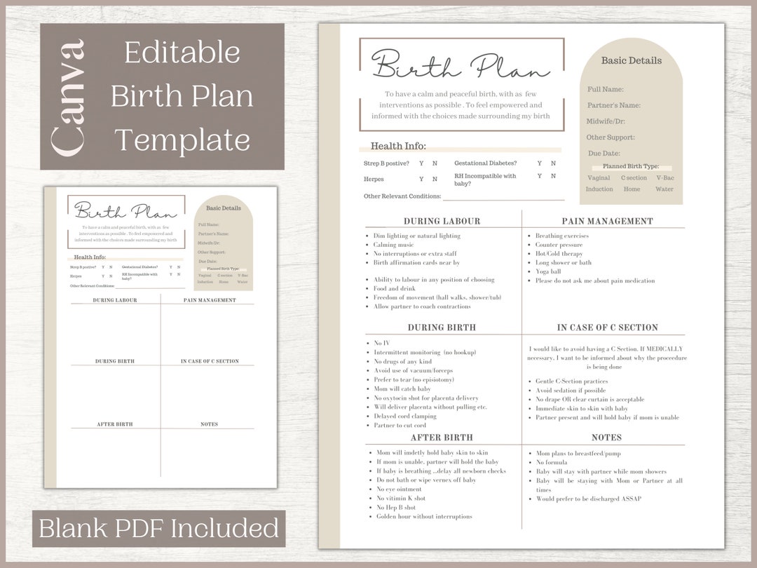 Editable Birth Plan Template | Printable Birthing Plan | Labour and ...