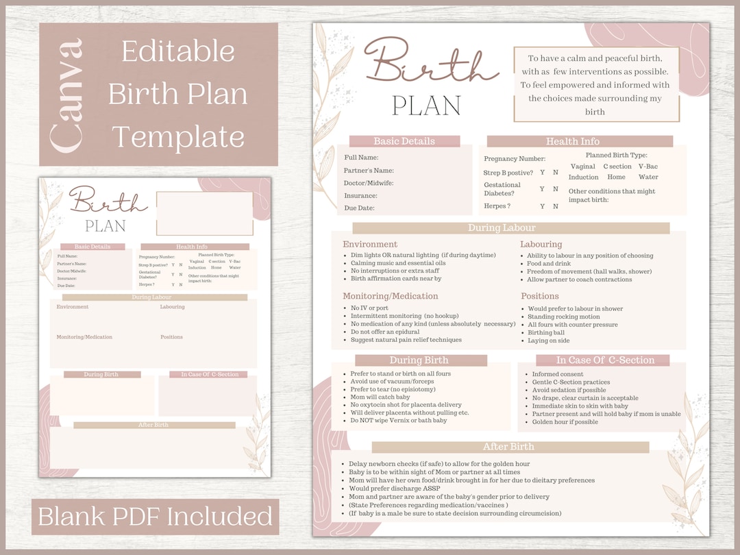 Editable Birth Plan Template Printable Birthing Plan Etsy