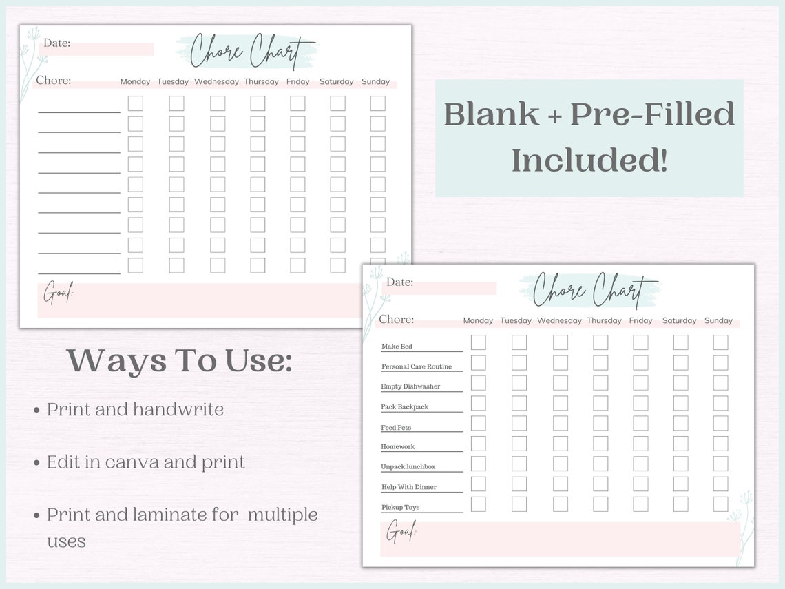 Editable Chore Chart for Kids Pastel Colours and Minimalist Design - Etsy
