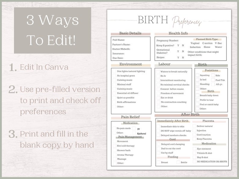 Editable Birth Plan Template and Printable Newborn Log | Mini Birth ...