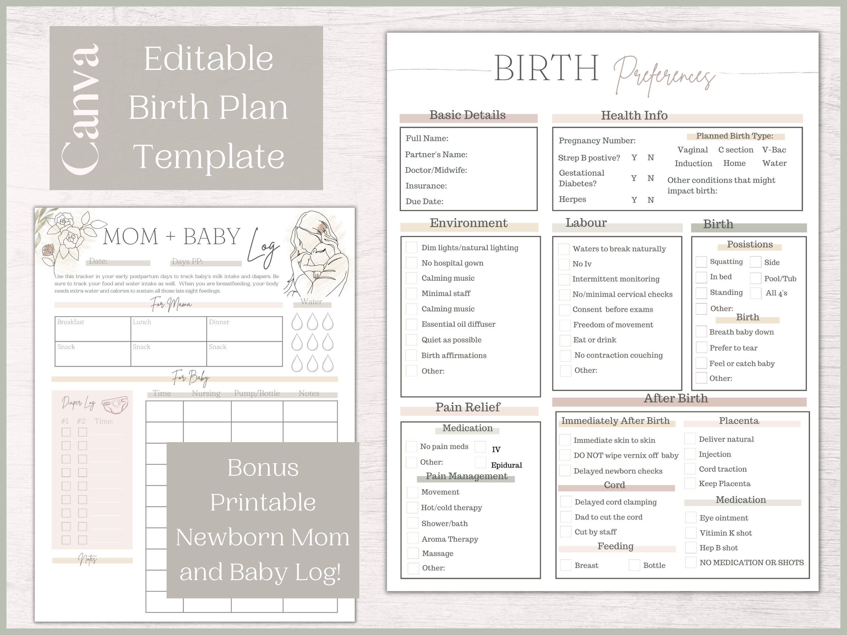 Editable Birth Plan Template and Printable Newborn Log | Mini Birth ...