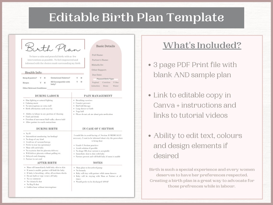 Editable Birth Plan Template Printable Birthing Plan Labour and ...