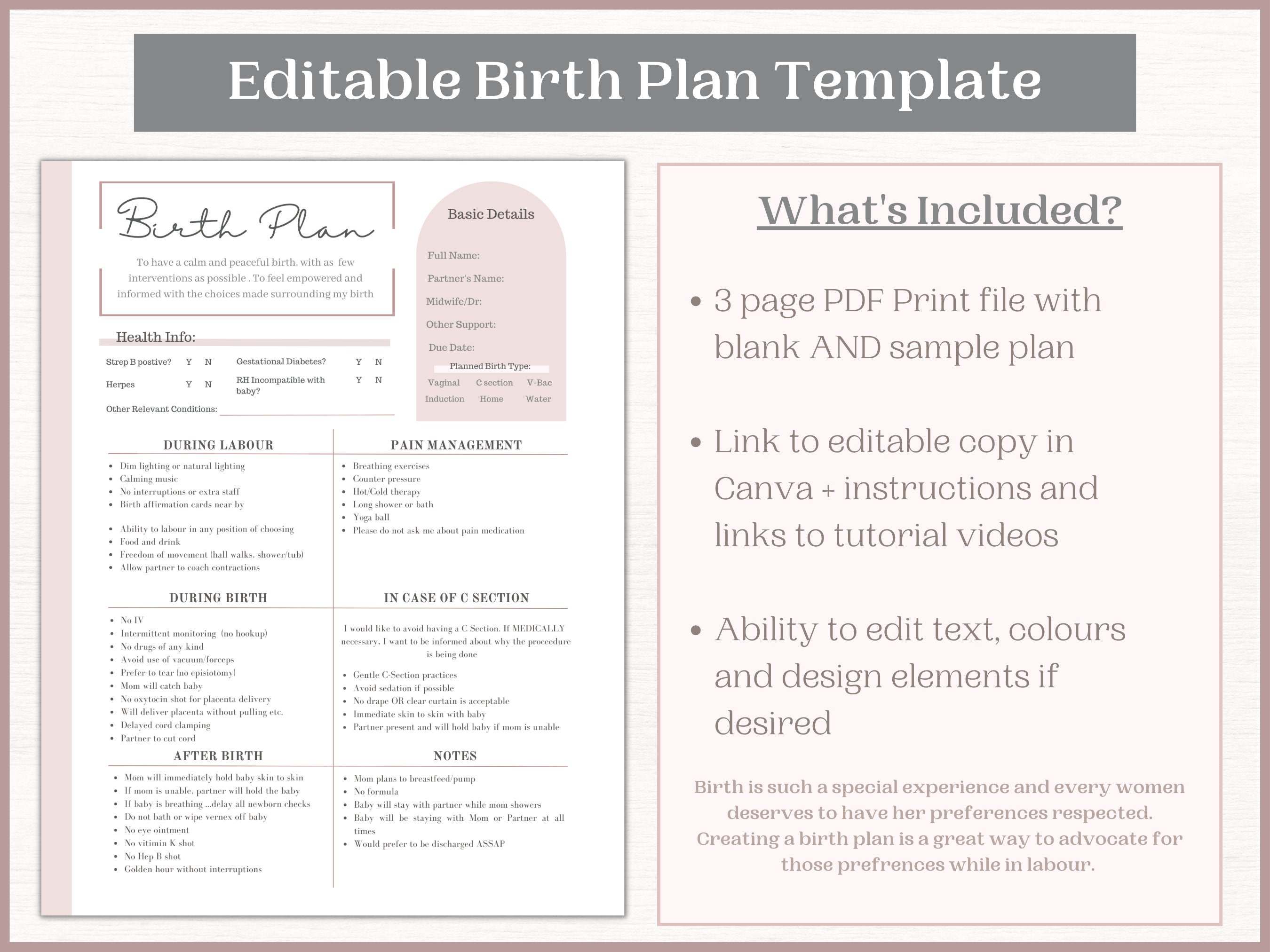 Editable Birth Plan Template | Printable Birthing Plan | Labour and ...