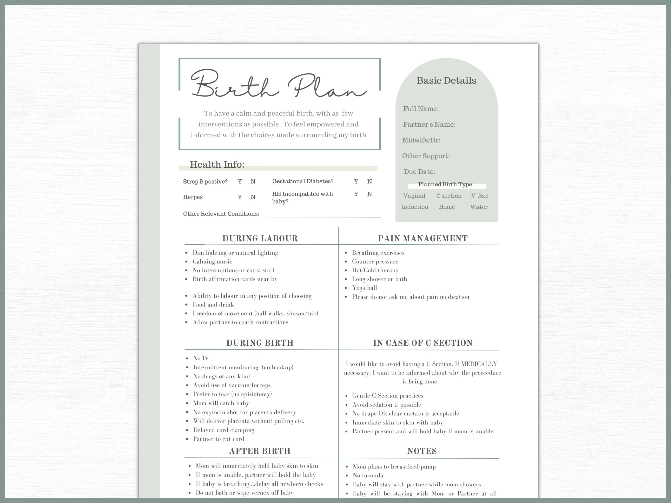 Editable Birth Plan Template | Printable Birthing Plan | Labour and ...