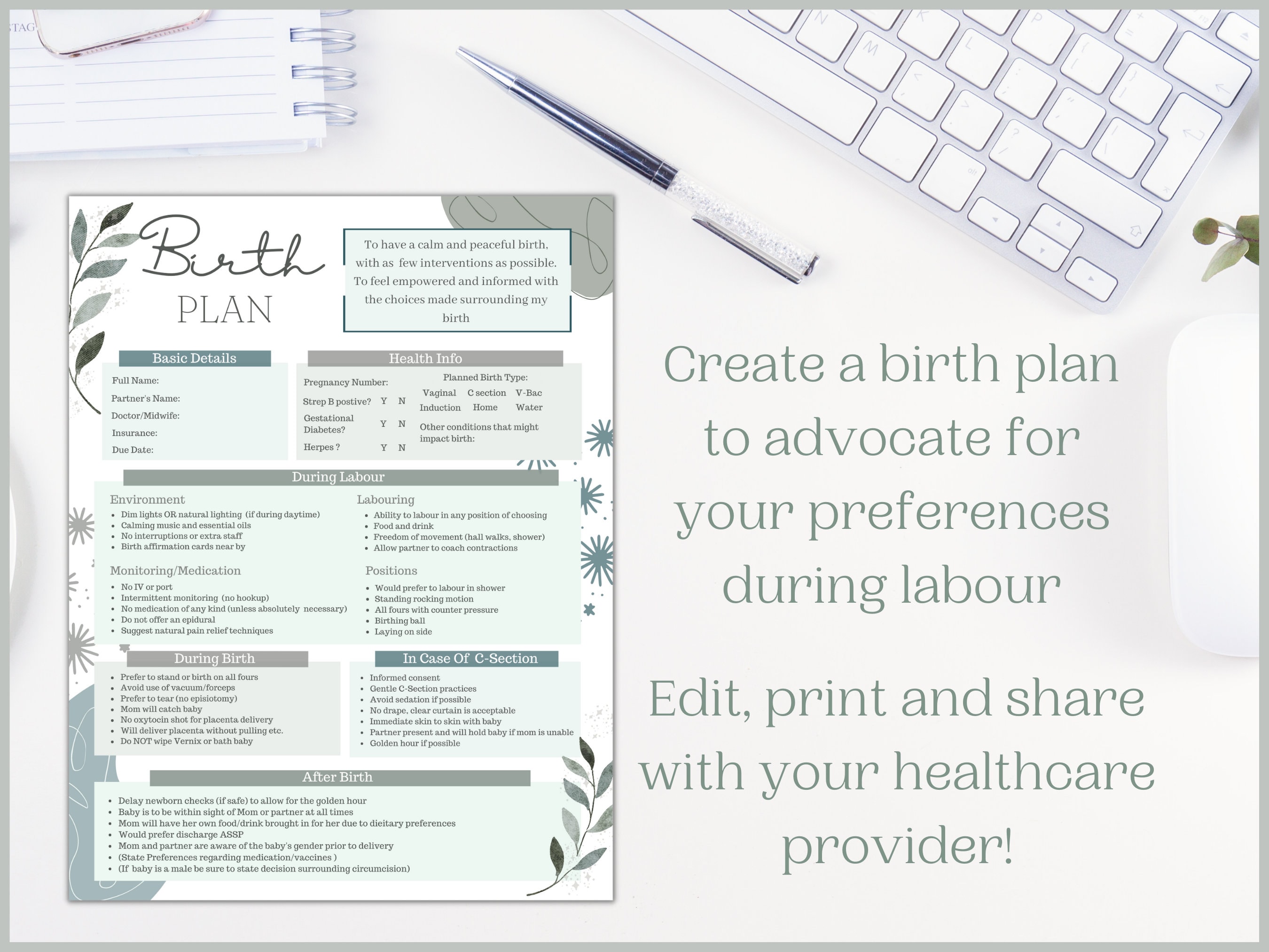 Editable Birth Plan Template | Printable Birthing Plan | Labour and ...