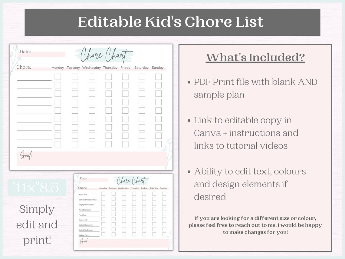 Editable Chore Chart for Kids | Pastel Colours and Minimalist Design - Etsy