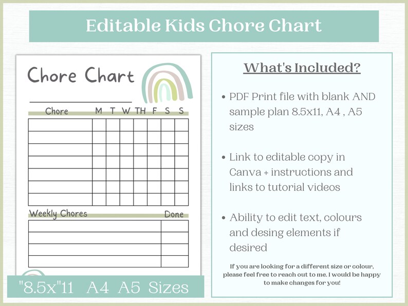 Editable Chore Chart for Kids Printable Kids Chore Chart Responsibility ...