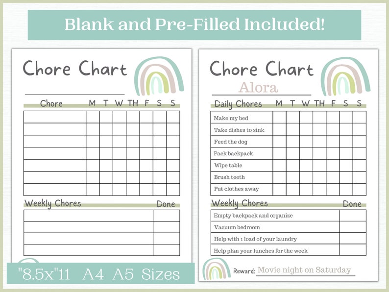 Editable Chore Chart for Kids Printable Kids Chore Chart Responsibility ...