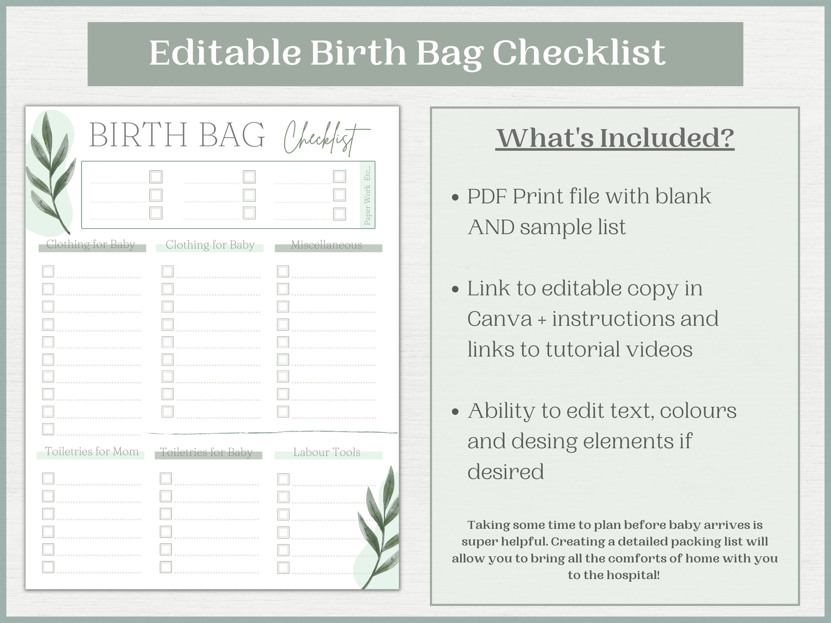 Birth Bag Packing List | Editable Hospital Bag Packing Checklist ...
