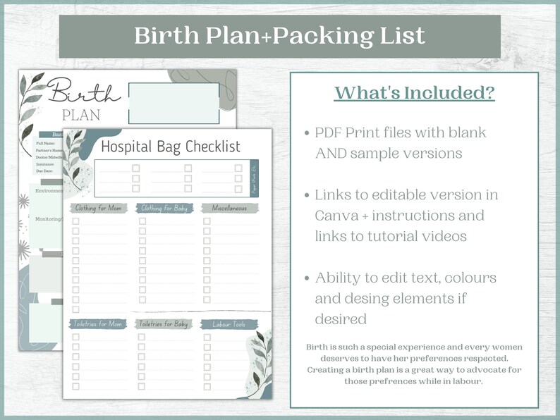 Mini Birth Plan Bundle | Editable Birth Plan| Hospital Bag Checklist ...