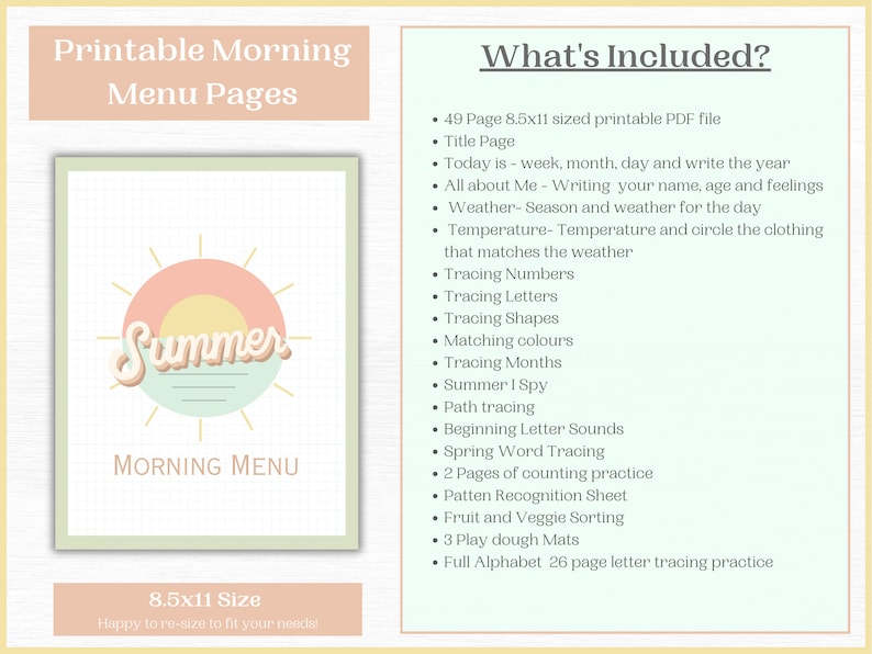 Homeschool Preschool Summer Morning Menu Printable | Morning Menu Pages ...