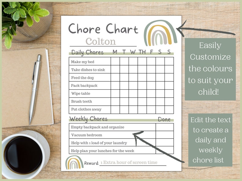 Editable Chore Chart for Kids Printable Kids Chore Chart Responsibility ...