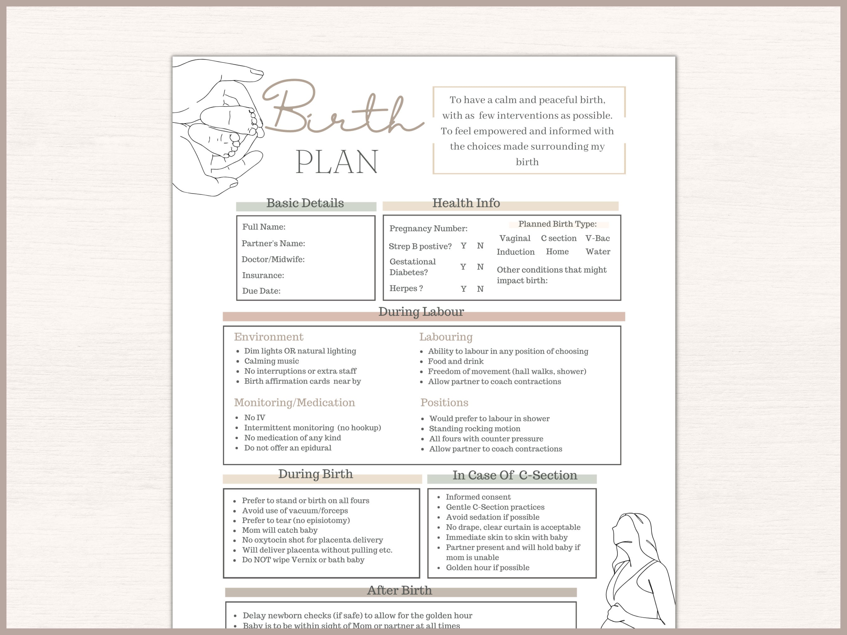 Editable Birth Plan Template | Printable Birthing Plan | Labour and ...