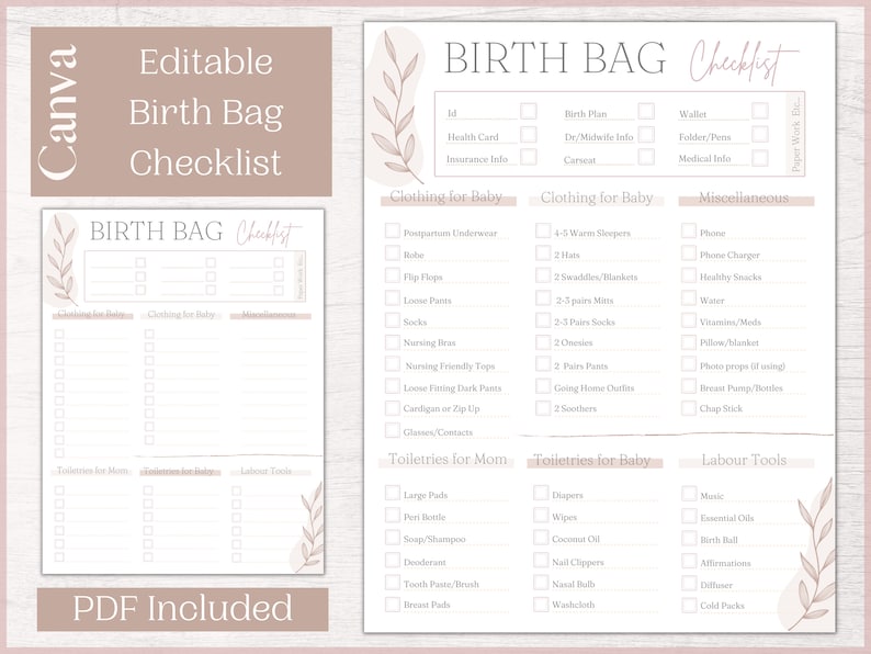 Birth Bag Packing List | Editable Hospital Bag Packing Checklist ...