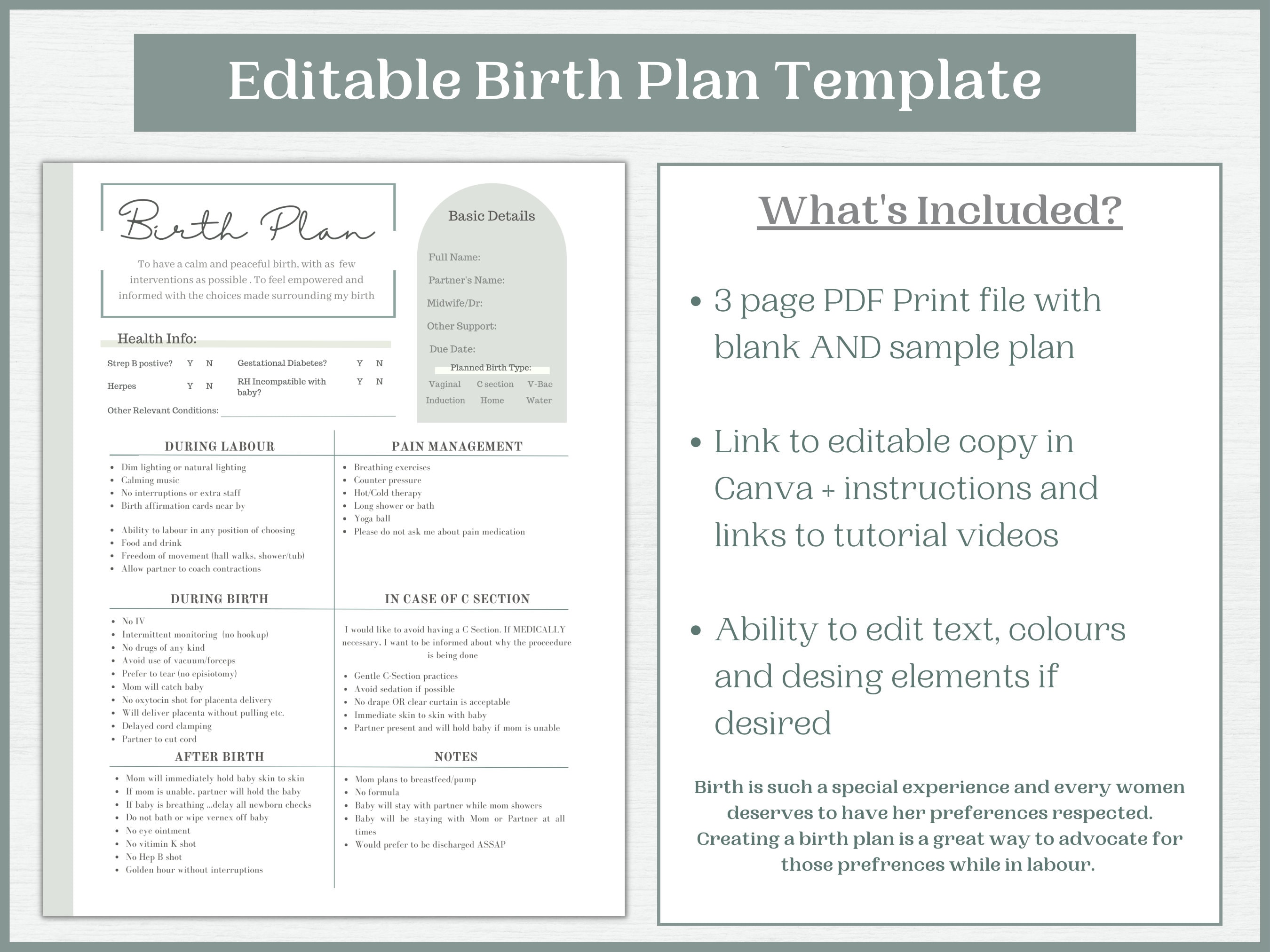 Editable Birth Plan Template | Printable Birthing Plan | Labour and ...