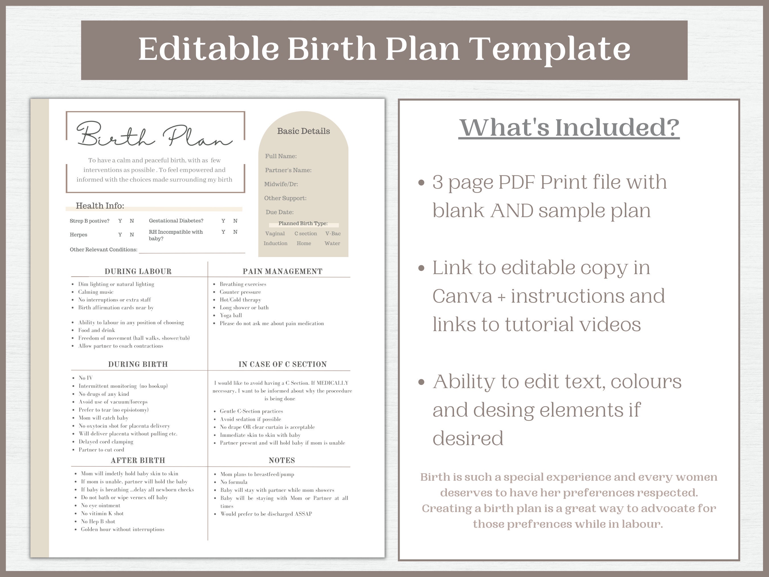 Editable Birth Plan Template | Printable Birthing Plan | Labour and ...
