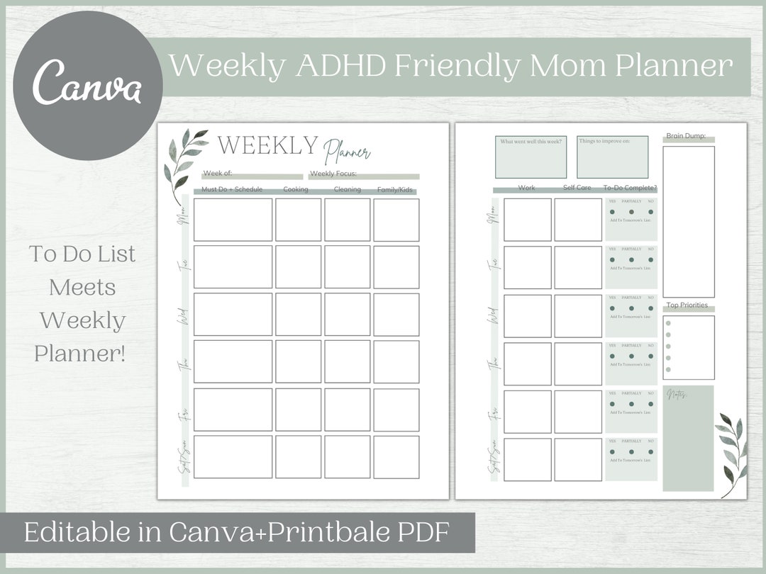 Weekly Home Management ADHD Planner | Weekly Planner Spread for Moms ...