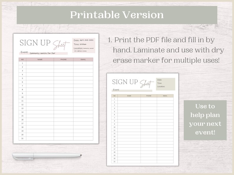 Editable Sign up Sheet Template | Printable Sign up Form | Contact ...