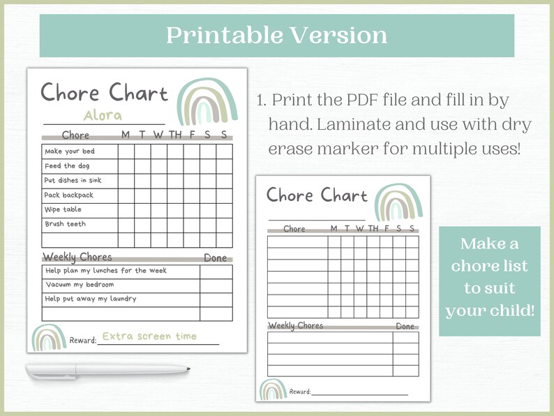 Editable Chore Chart for Kids Printable Kids Chore Chart Responsibility ...