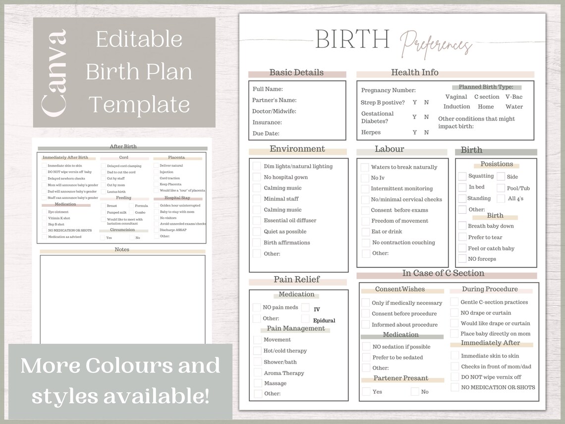 Printable and Editable Birth Plan Template Neutral Colours - Etsy Canada