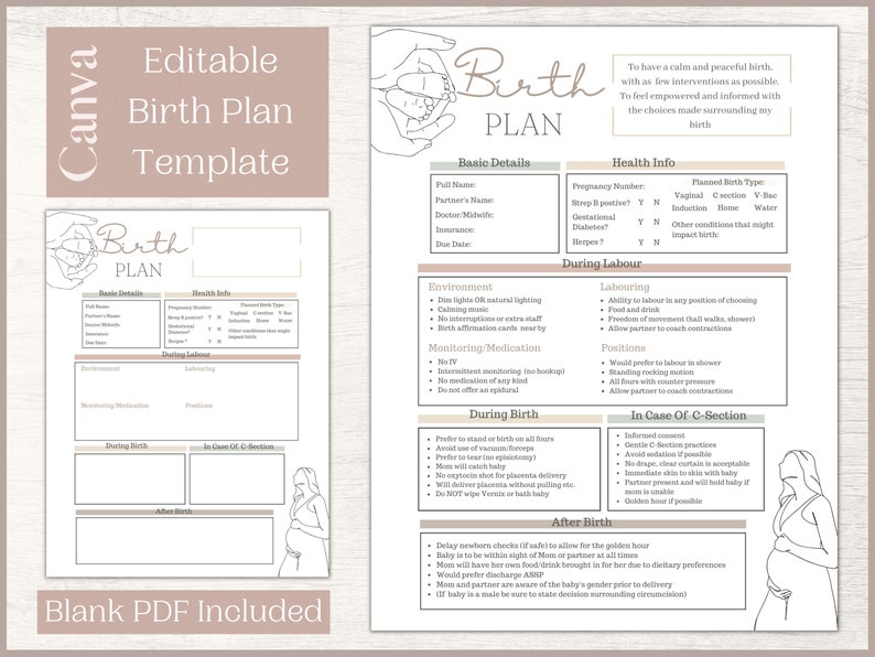 Editable Birth Plan Template | Printable Birthing Plan | Labour and ...