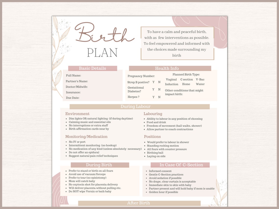 Editable Birth Plan Template Printable Birthing Plan - Etsy Nederland