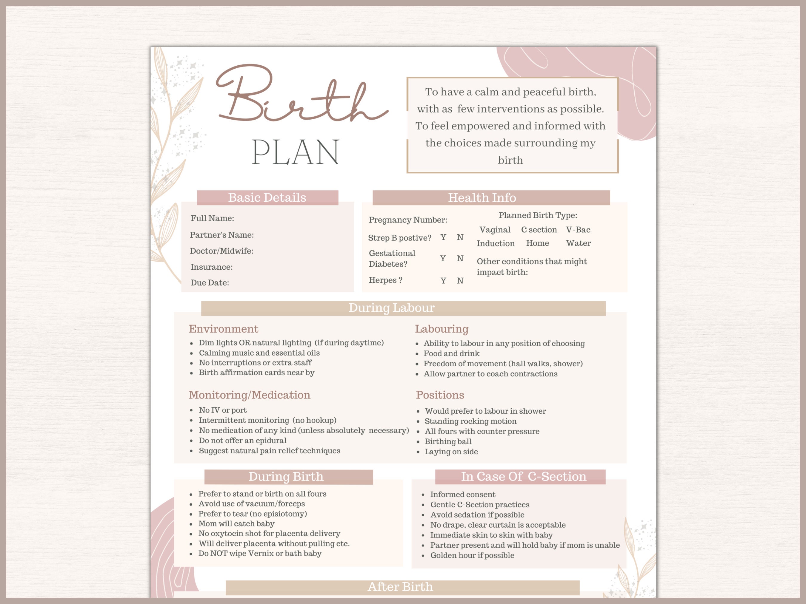 Editable Birth Plan Template | Printable Birthing Plan | Labour and ...
