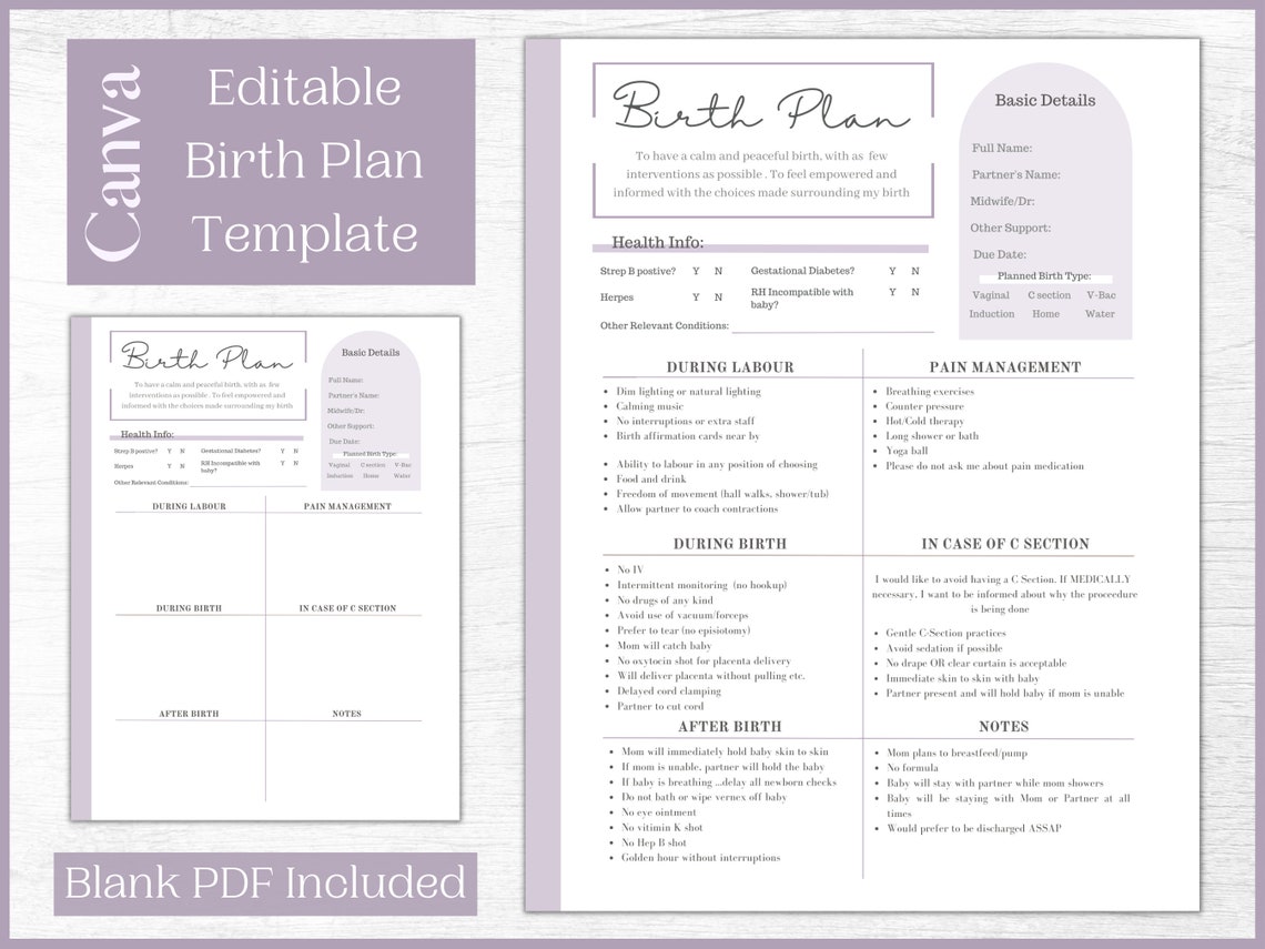 Editable Birth Plan Template | Printable Birthing Plan | Labour and ...