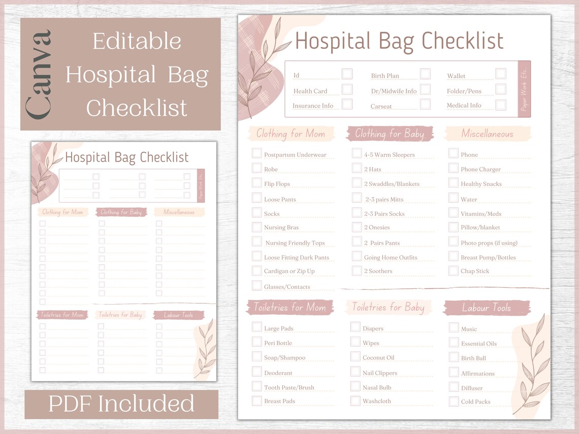 Hospital Bag Packing List | Editable Hospital Bag Packing Checklist ...
