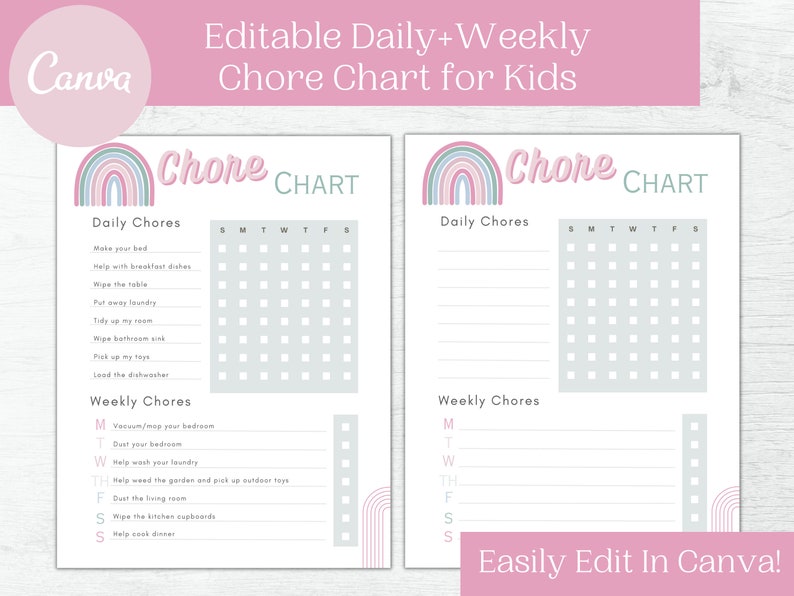 Editable Chore Chart for Kids Printable Kids Chore Chart Responsibility ...
