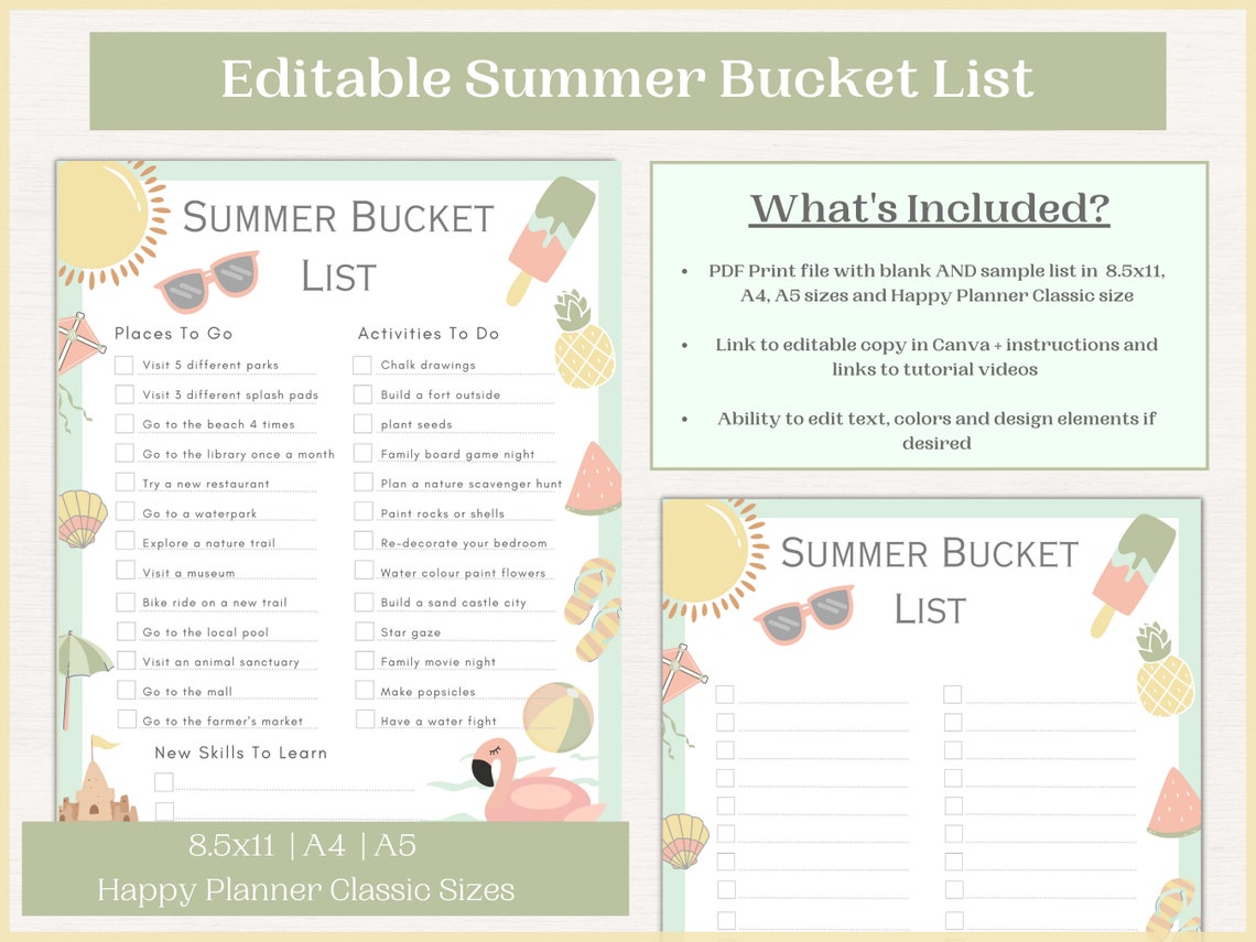 Editable Summer Bucket List Canva Template | Activity Checklist for ...
