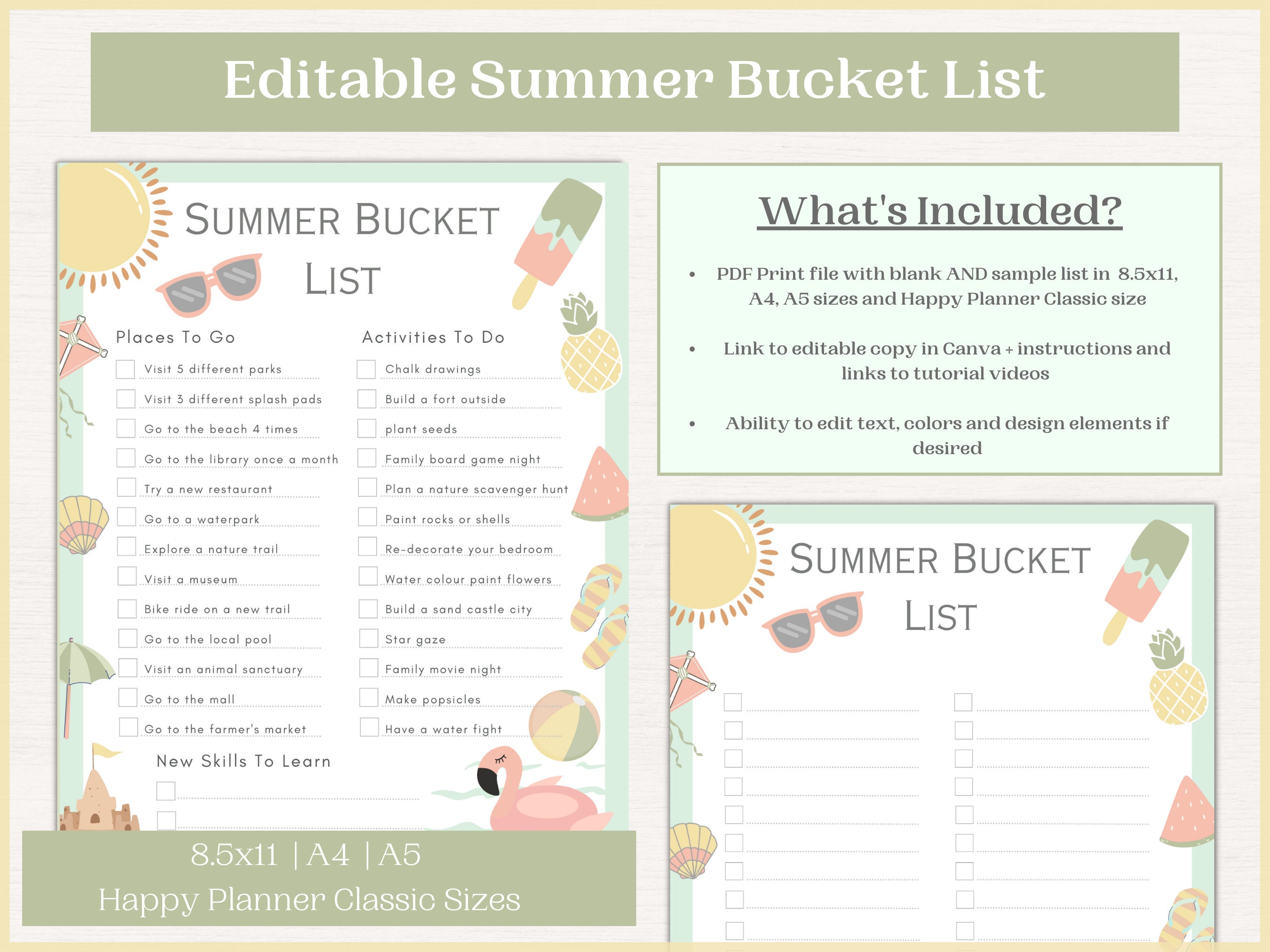Editable Summer Bucket List Canva Template | Activity Checklist for ...