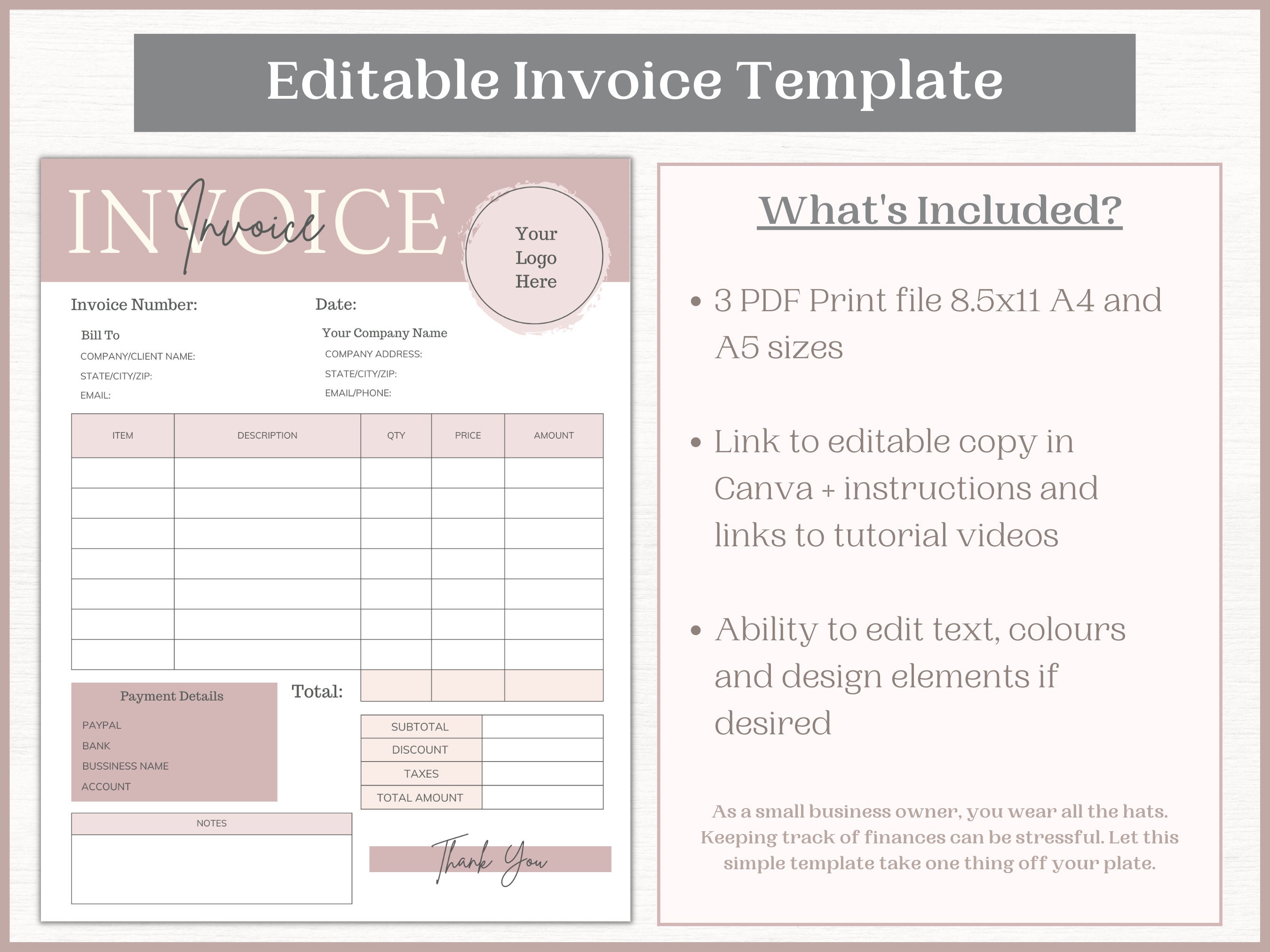 Editable Invoice Canva Template | Printable Order Form Template |small ...