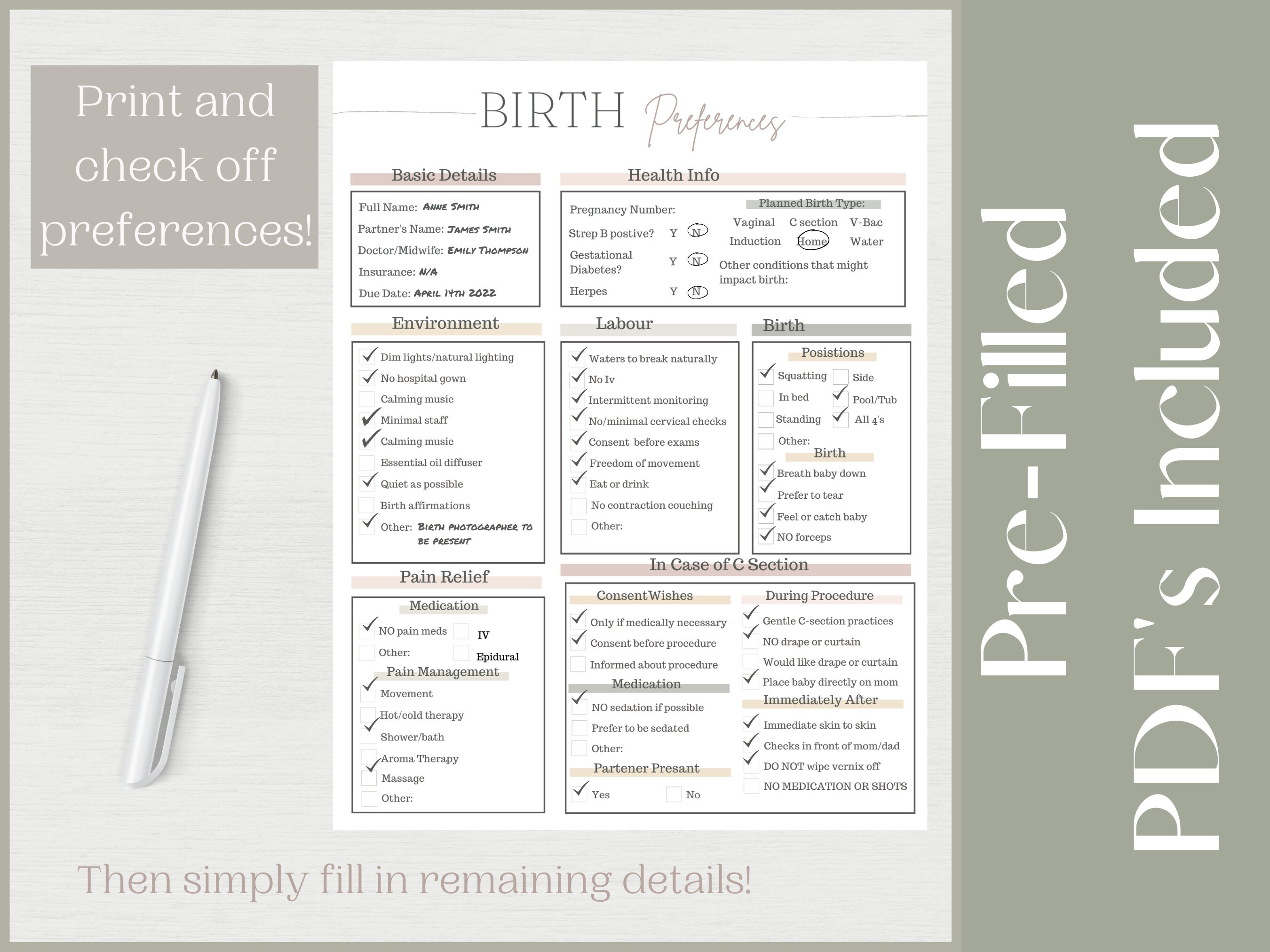 Printable and Editable Birth Plan Template | Neutral Colours Birth Plan ...
