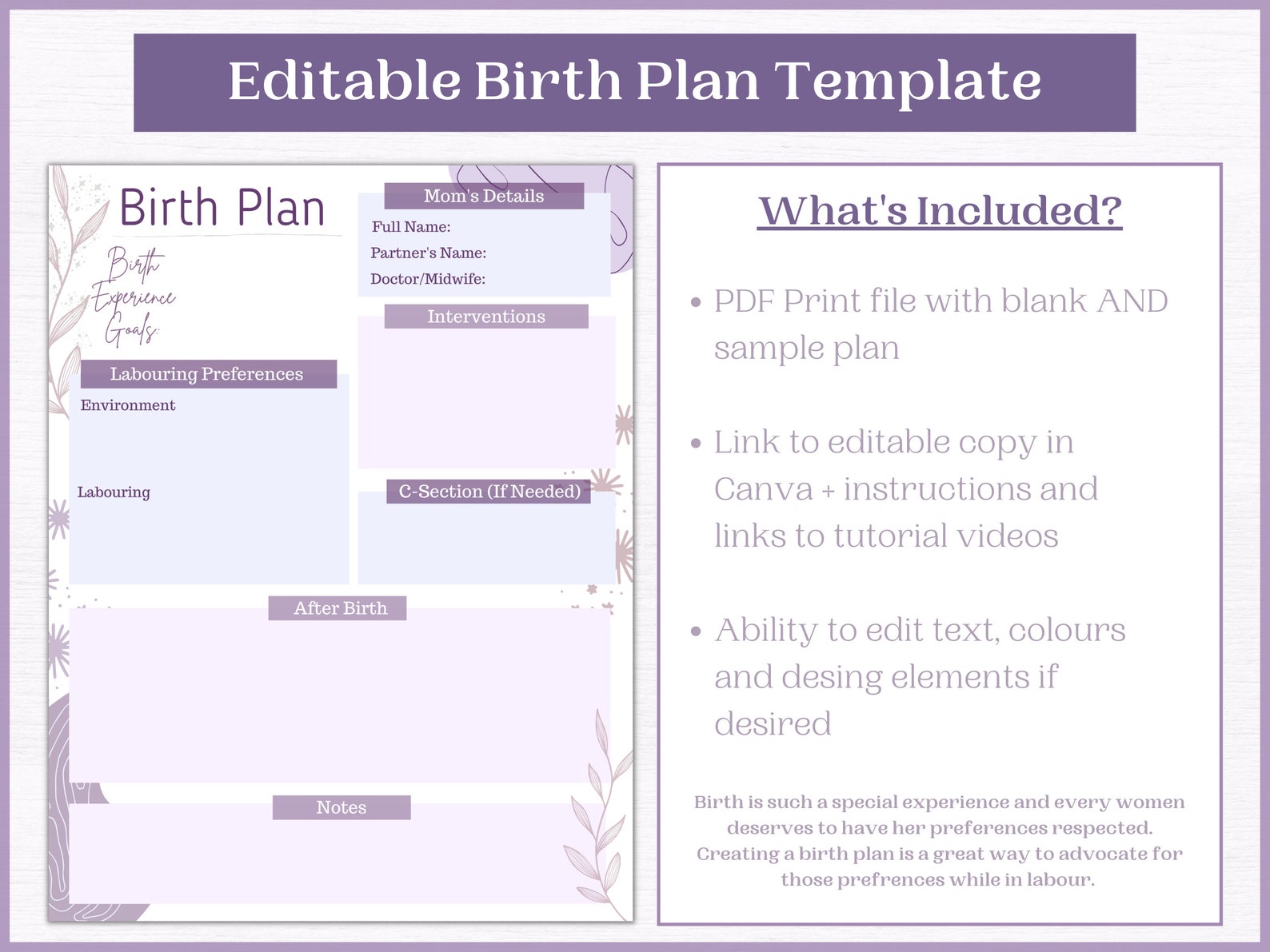 Editable Birth Plan Template Printable Birthing Plan - Etsy Canada