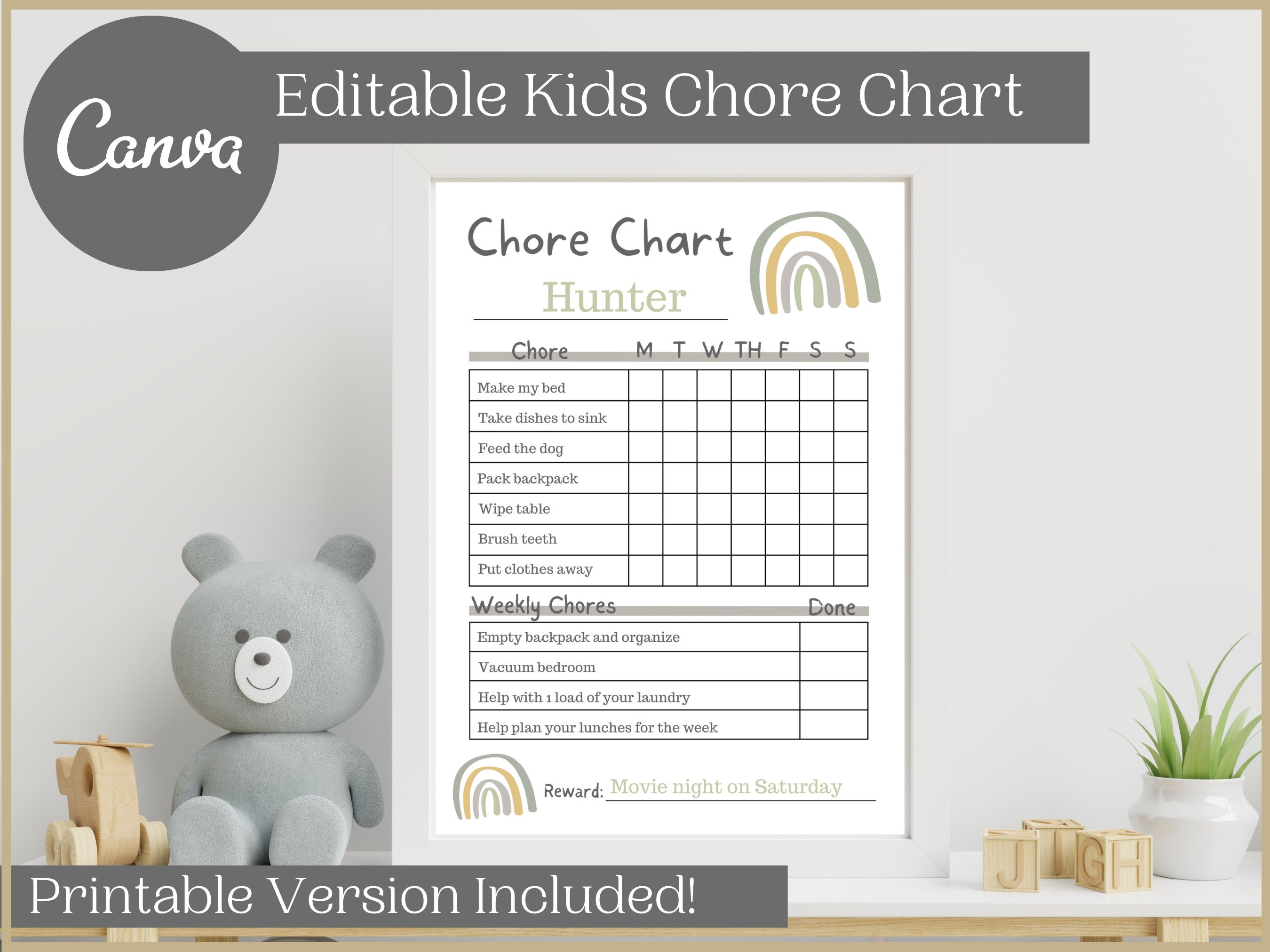 Editable Chore Chart for Kids Printable Kids Chore Chart Responsibility ...