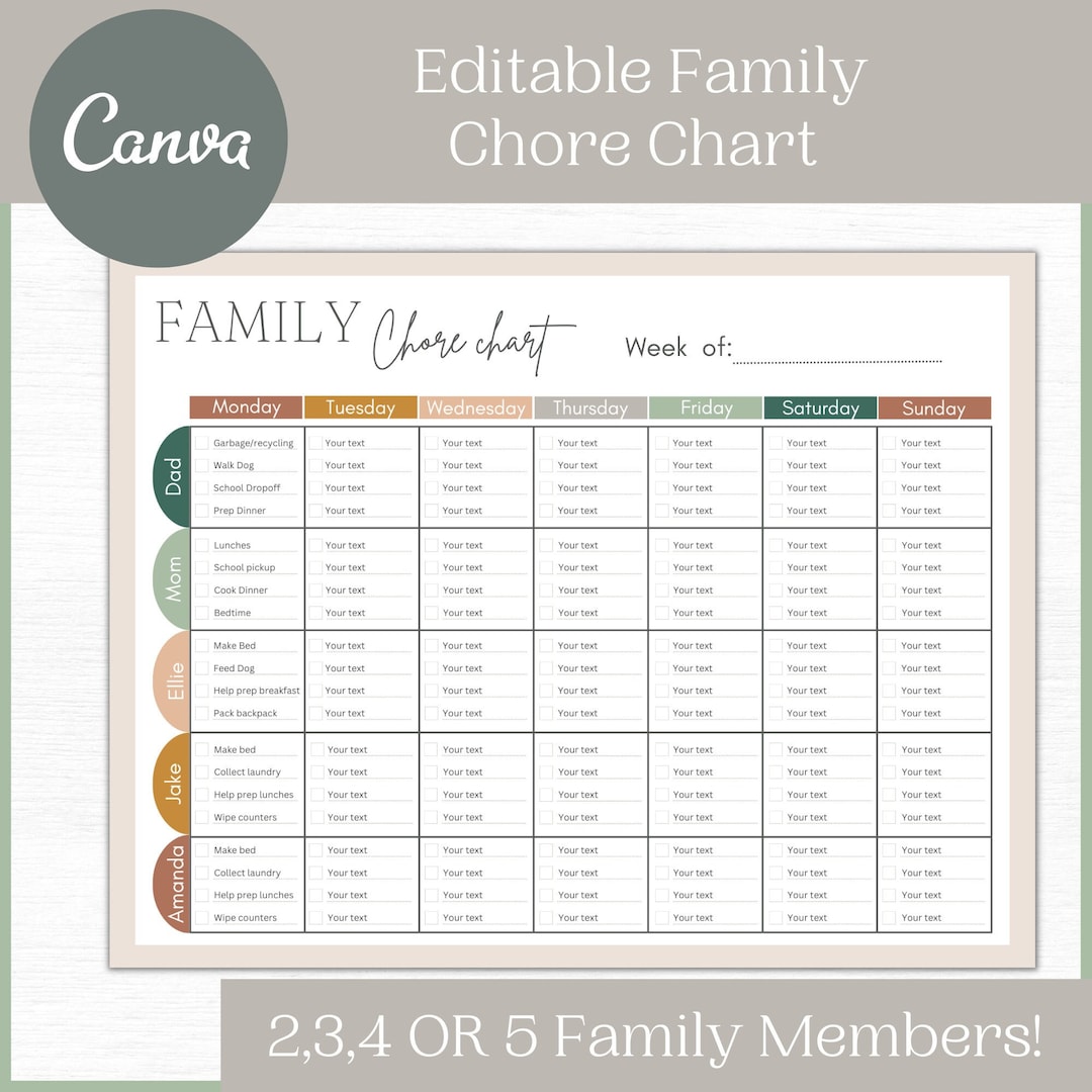 Family Chore Chart Editable Template | Adult Chore Chart Template ...