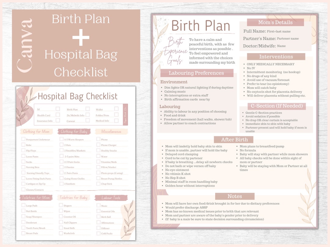 Editable Birth Plan Template and Hospital Bag Checklist Bundle - Etsy